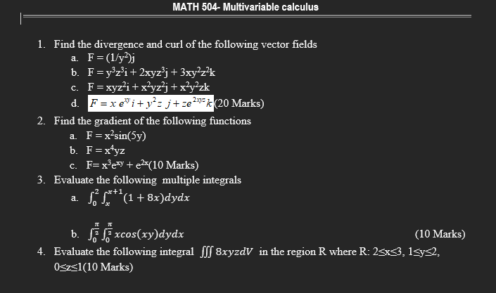 Solved MATH 504- Multivariable calculus 1. Find the | Chegg.com