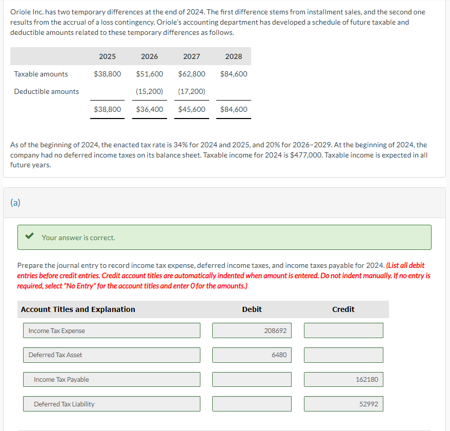 Solved Oriole Inc. has two temporary differences at the end | Chegg.com