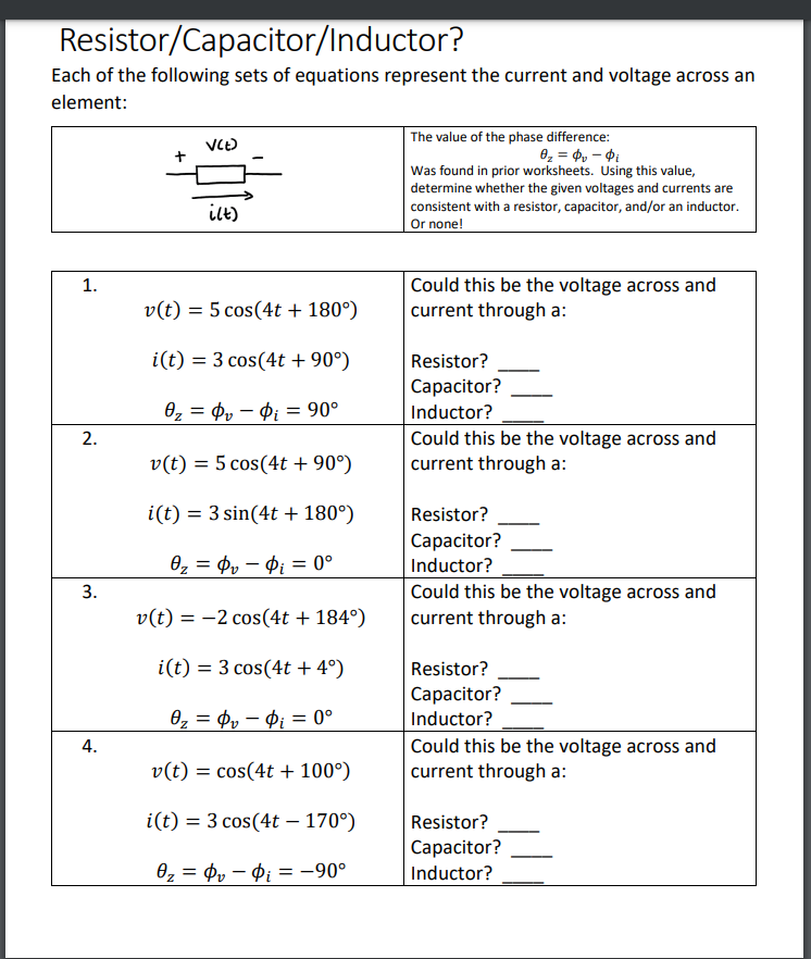 Solved Resistor/Capacitor/Inductor? Each of the following | Chegg.com