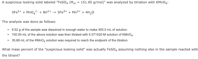 Solved A suspicious looking solid labeled "FeSO4 (Mm = | Chegg.com