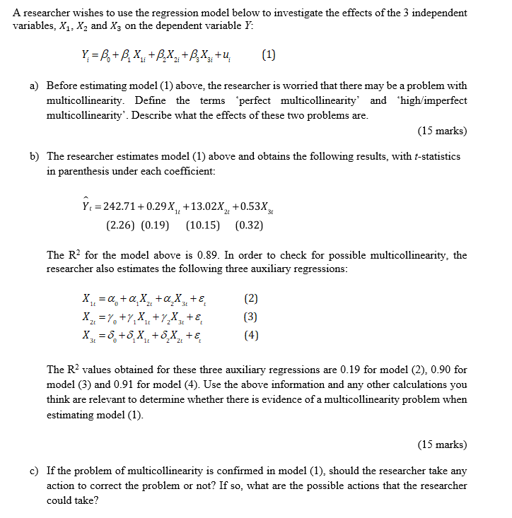 Solved A researcher wishes to use the regression model below | Chegg.com