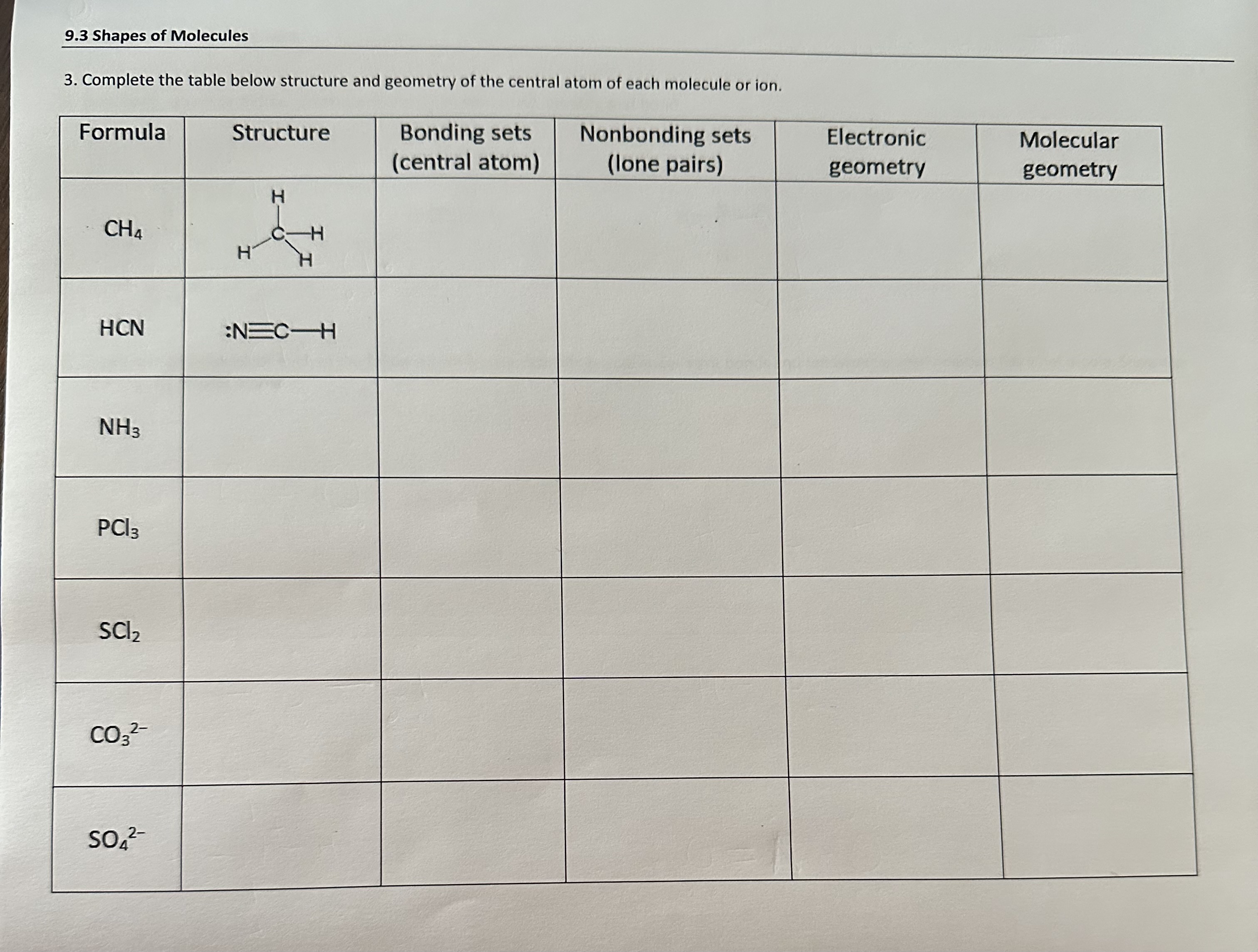 Solved 9.3 Shapes of Molecules 3. Complete the table below | Chegg.com