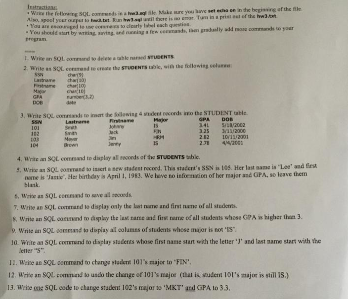 Solved SOL commands in a hw3.sqt file. Make sure you have | Chegg.com