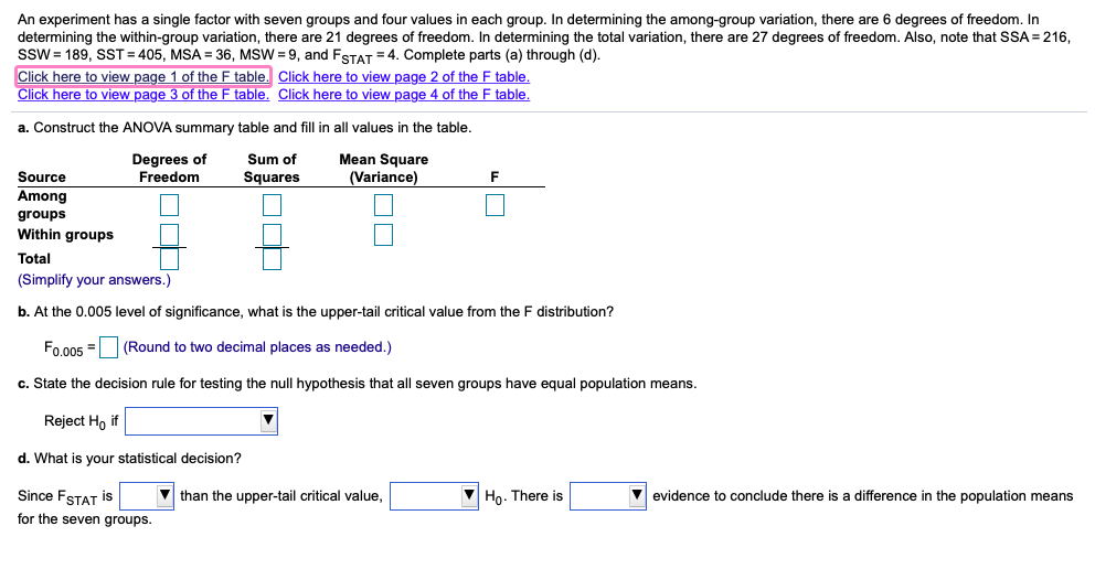 Solved An experiment has a single factor with seven groups | Chegg.com