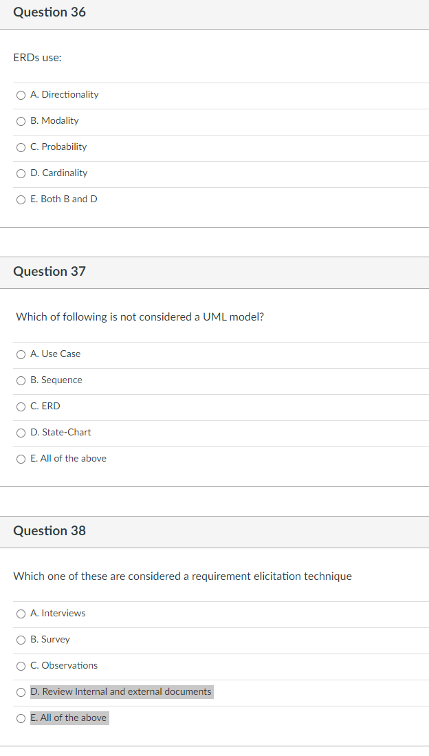 Solved ERDs use: A. Directionality B. Modality C. | Chegg.com