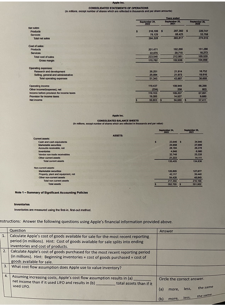Apple Inc. CONSOLIDATED STATEMENTS OF OPERATIONS (In | Chegg.com