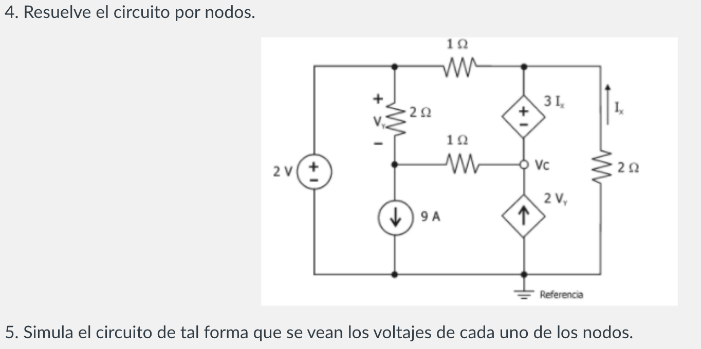Solved 4. Resuelve el circuito por nodos. 5. Simula el | Chegg.com