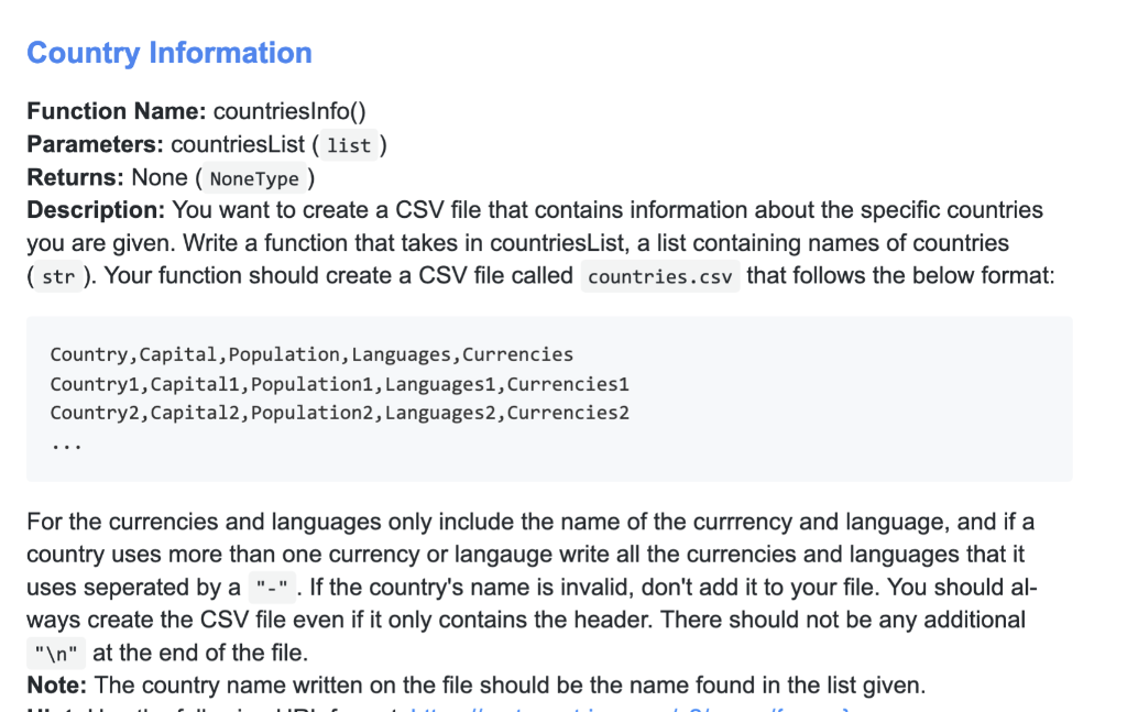 Country Information Function Name: countriesInfo() | Chegg.com