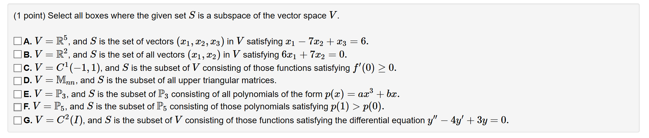 Solved Select all boxes where the given set S is a subspace | Chegg.com