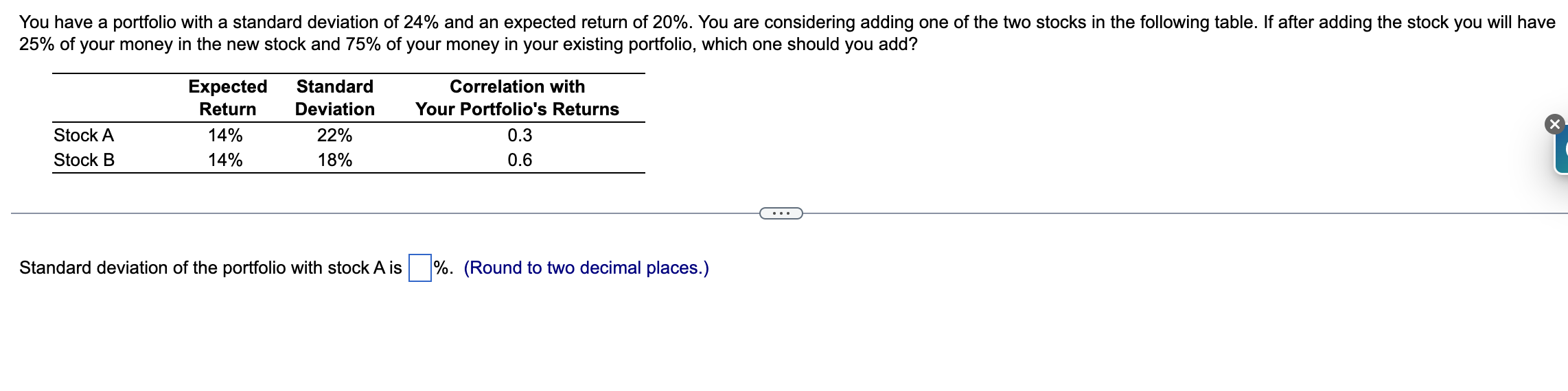 Solved Standard deviation of the portfolio with stock A is | Chegg.com