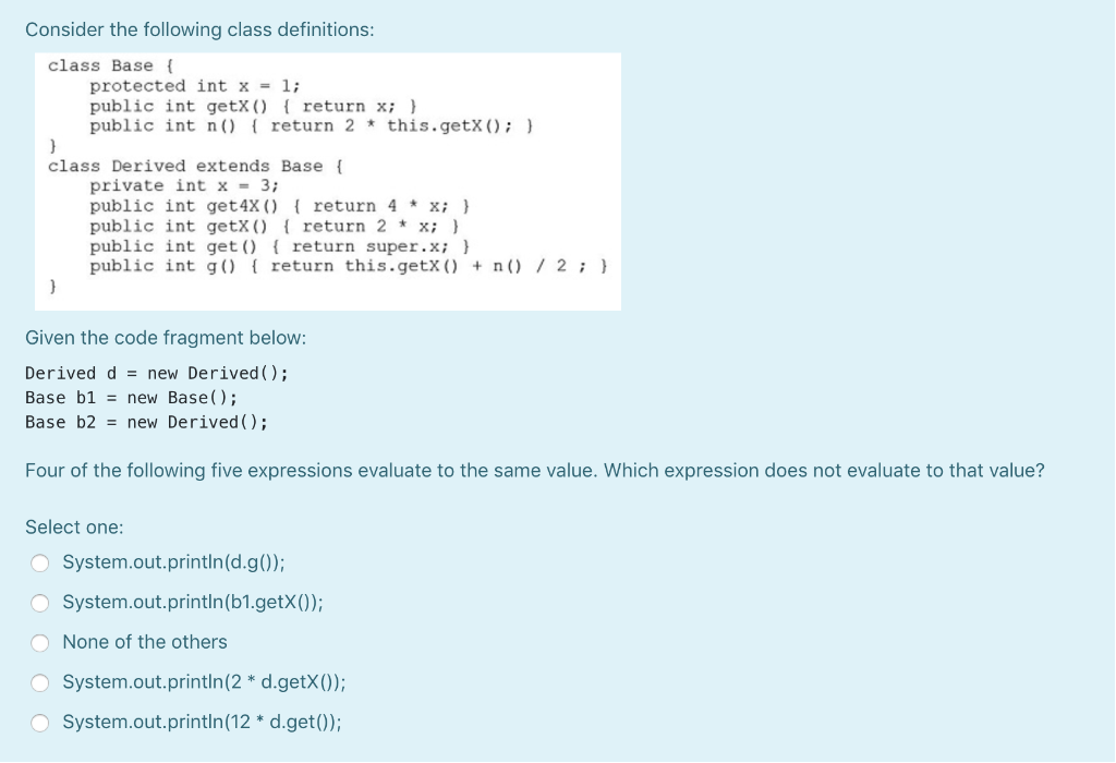 Solved Consider the following class definitions: class Base | Chegg.com
