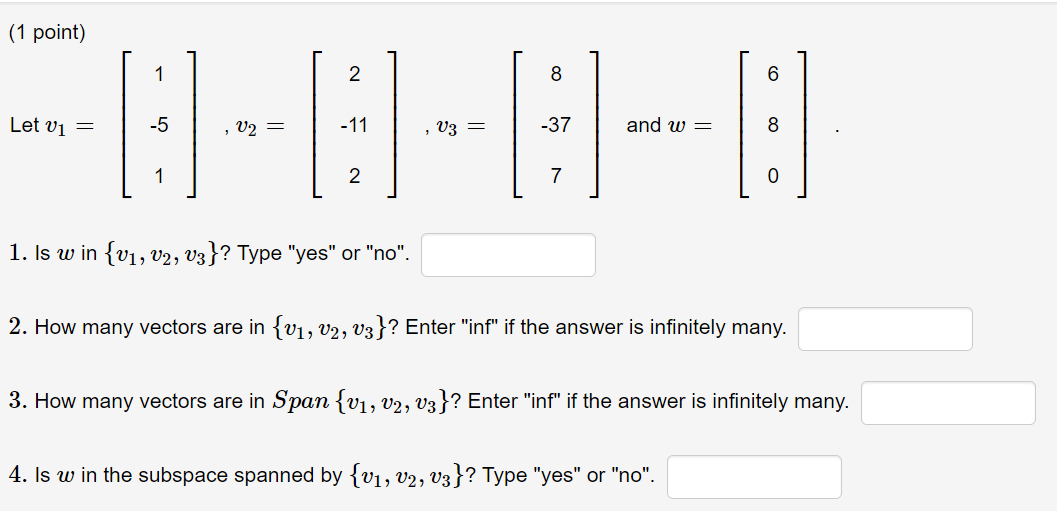 Solved (1 point) Let \\( v_{1}=\\left[\\begin{array}{c}1 | Chegg.com