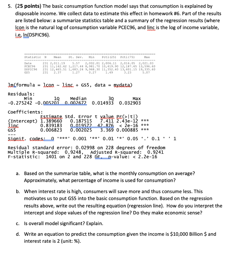 Solved 5. (25 points) The basic consumption function model | Chegg.com