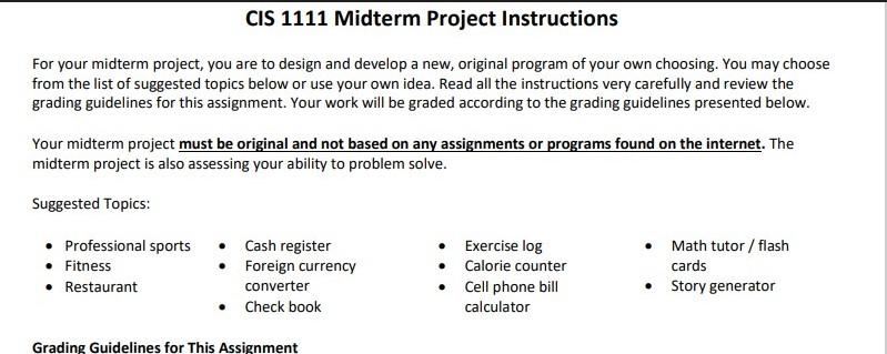 Solved CIS 1111 Midterm Project Instructions For your | Chegg.com