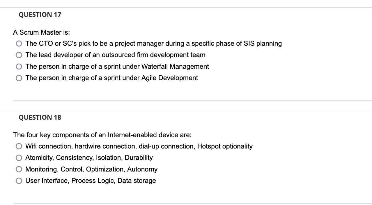 Solved QUESTION 17 A Scrum Master is: The CTO or SC's pick | Chegg.com