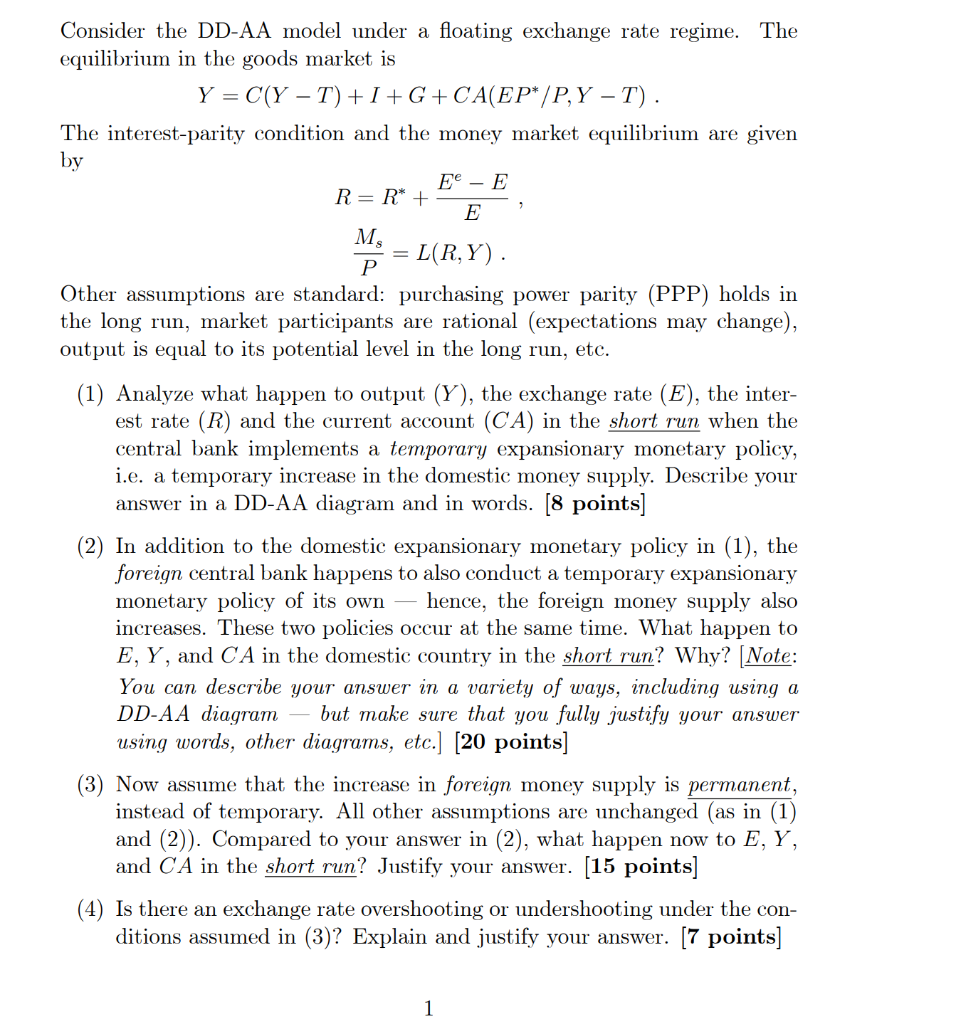 Consider the DD-AA model under a floating exchange | Chegg.com