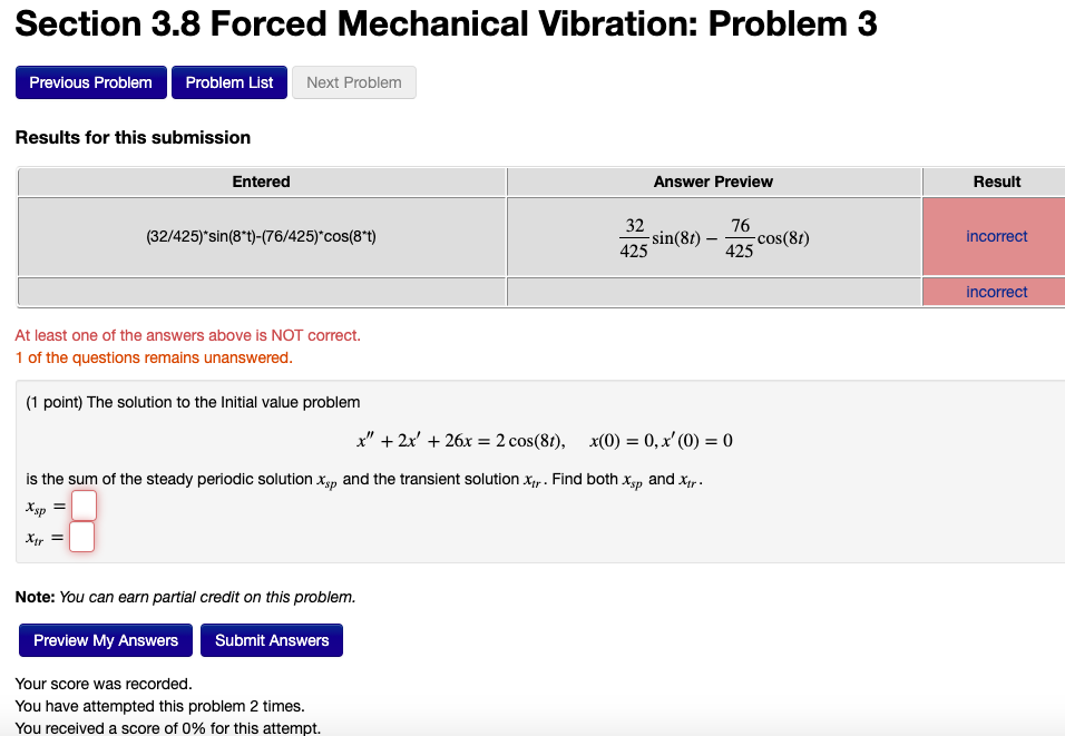 Solved Section 3.8 Forced Mechanical Vibration: Problem 3 | Chegg.com