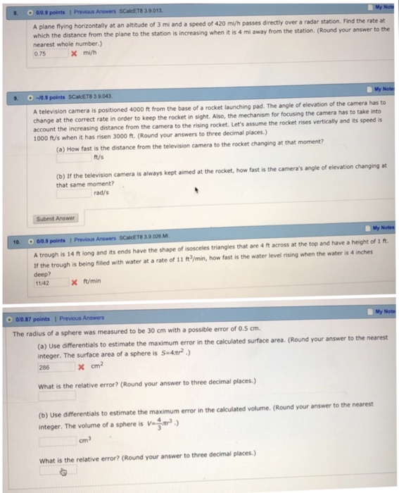 Solved 8 0/09 points 1 Previous Answers SCalcET8 3.9.013 A | Chegg.com