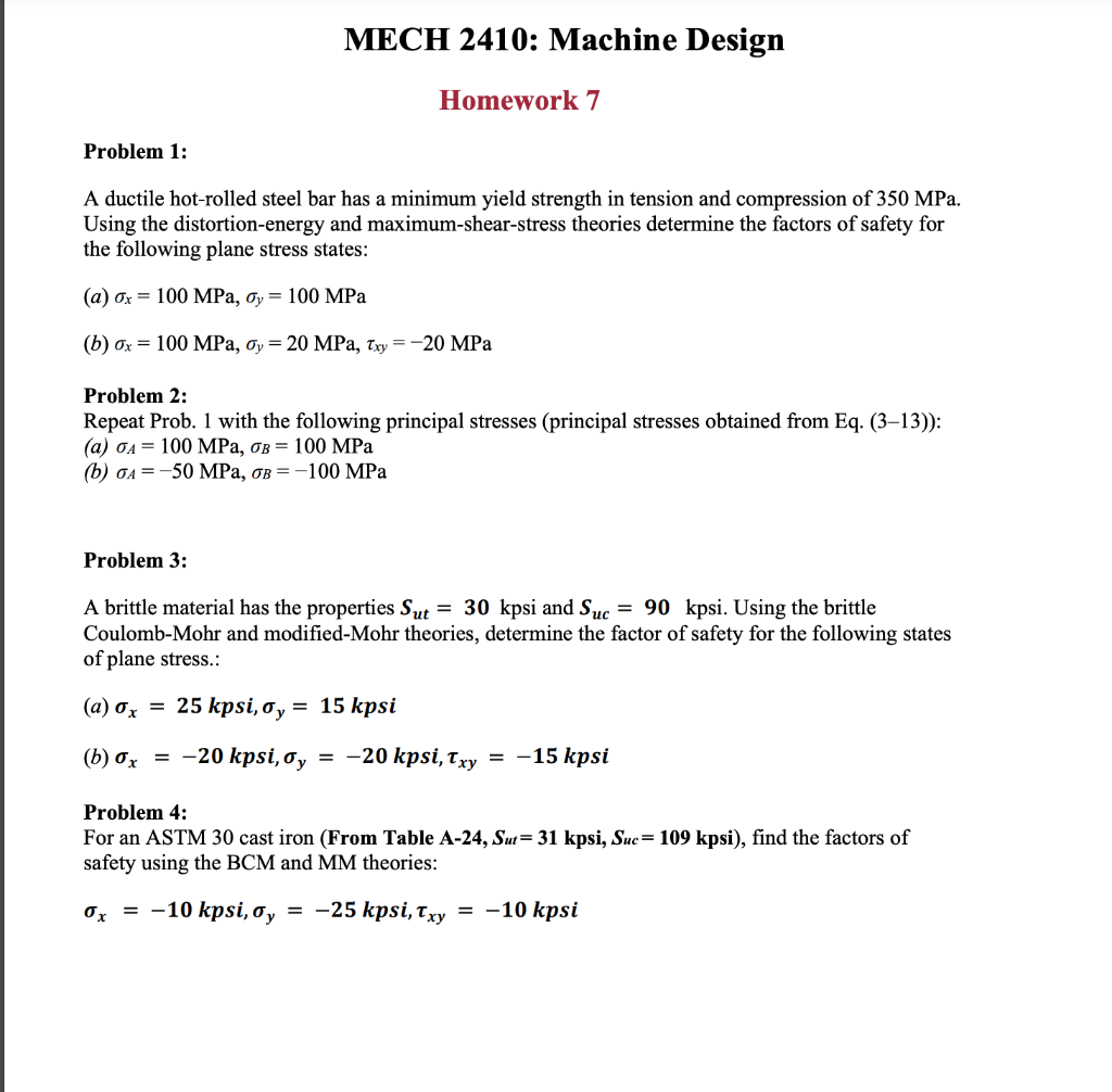 Solved MECH 2410: Machine Design Homework 7 Problem 1: A | Chegg.com