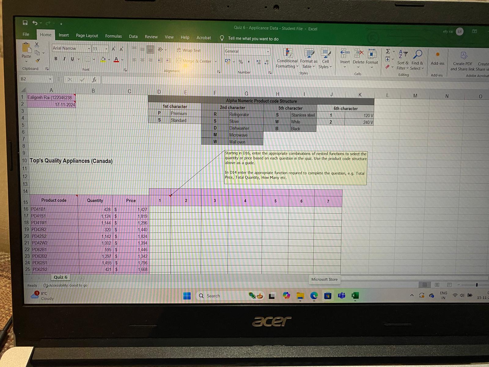 Solved by an EXPERT In D16: Use the product code breakdown provided at | Chegg.com