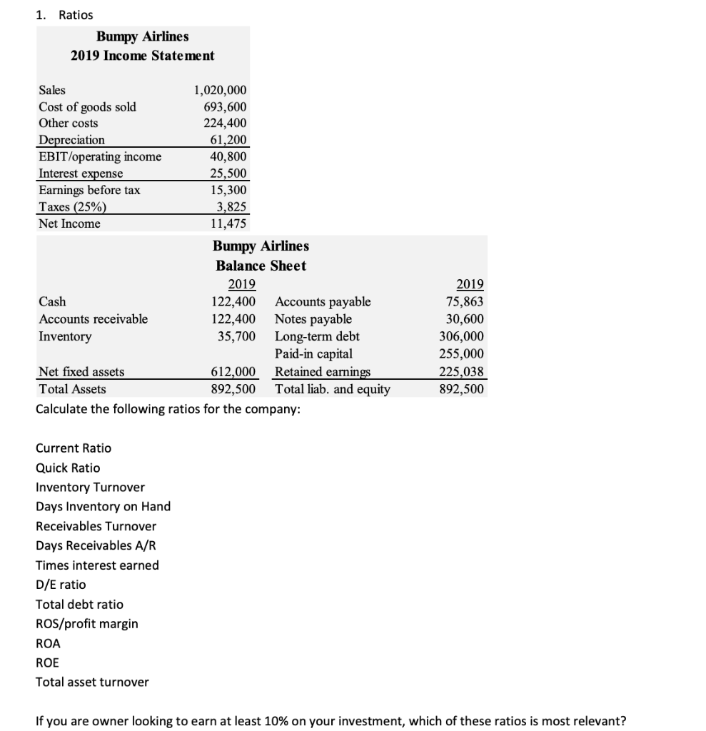 Solved 1. Ratios Bumpy Airlines 2019 Income Statement Sales | Chegg.com