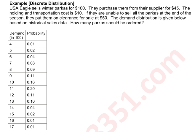 Solved Example [Discrete Distribution]USA Eagle sells winter | Chegg.com