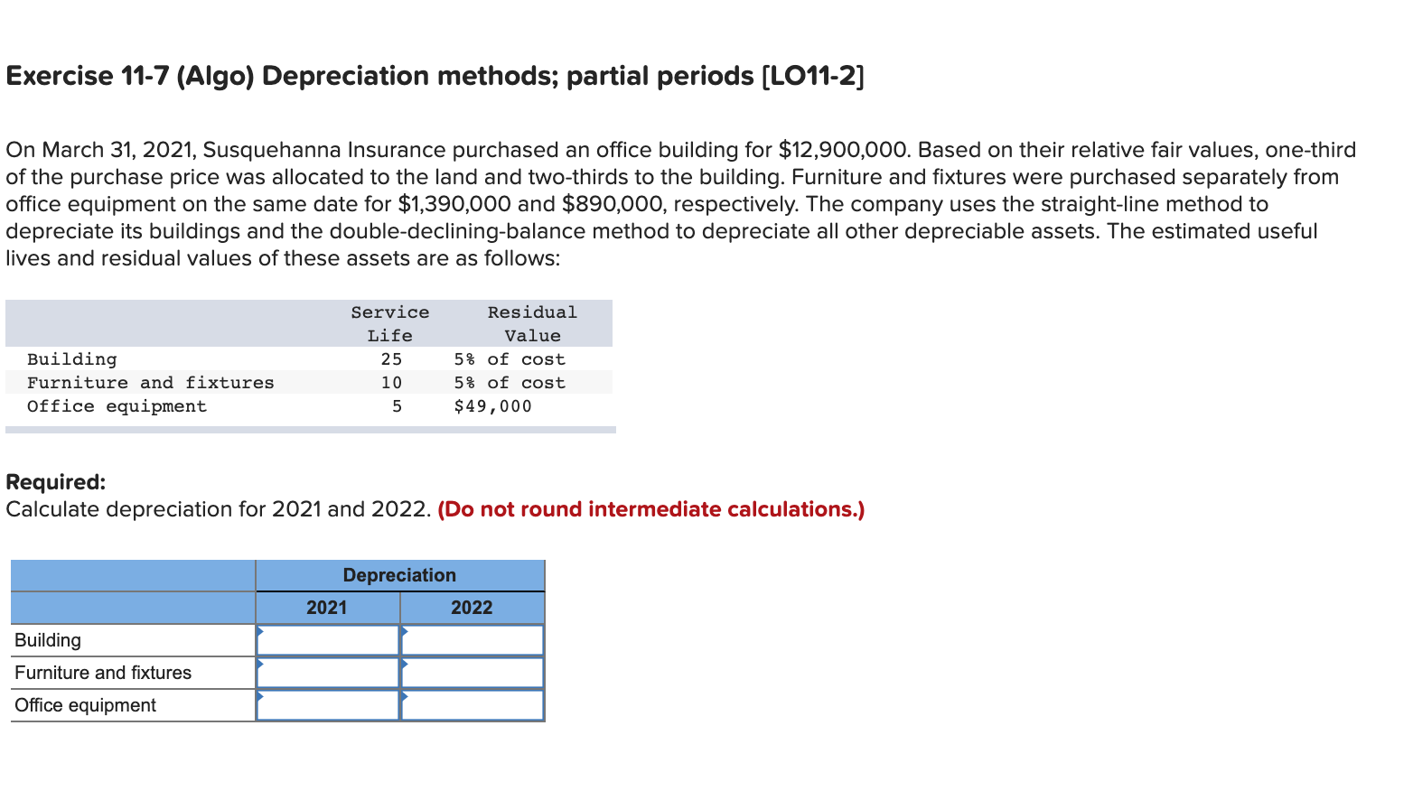 Solved Exercise 11-7 (Algo) Depreciation methods; partial | Chegg.com