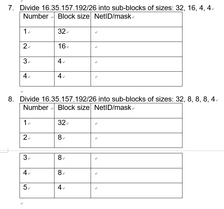 Solved 7. Divide 16.35.157.192/26 into sub-blocks of sizes: | Chegg.com