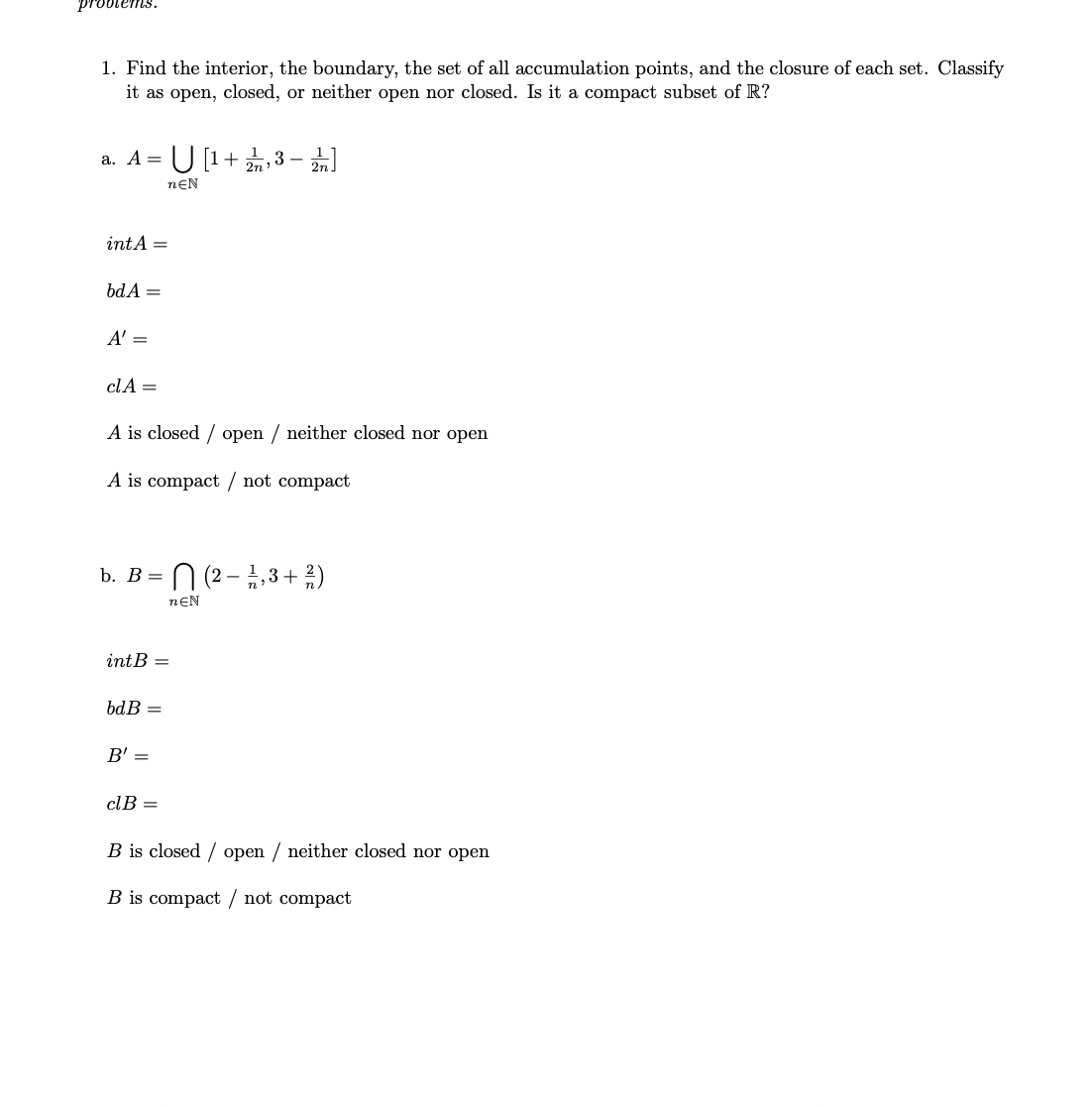 Solved 1. Find the interior, the boundary, the set of all | Chegg.com