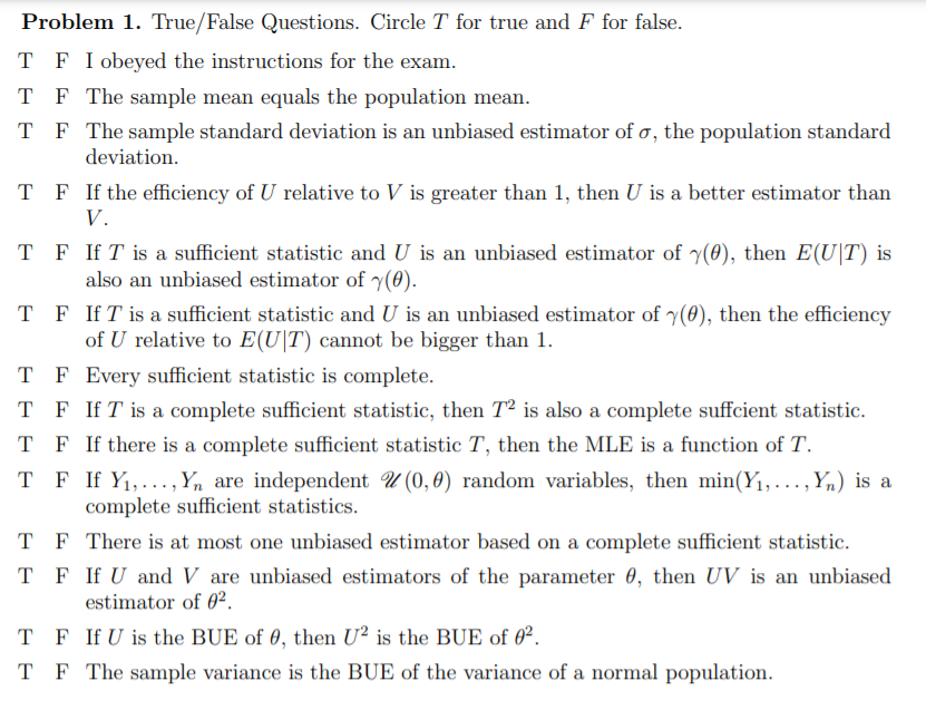 Solved Problem 1. True/False Questions. Circle T for true | Chegg.com