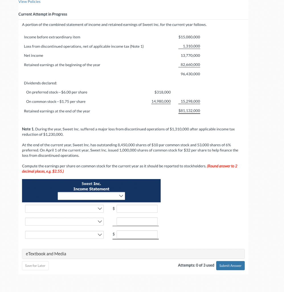 Solved A portion of the combined statement of income and | Chegg.com