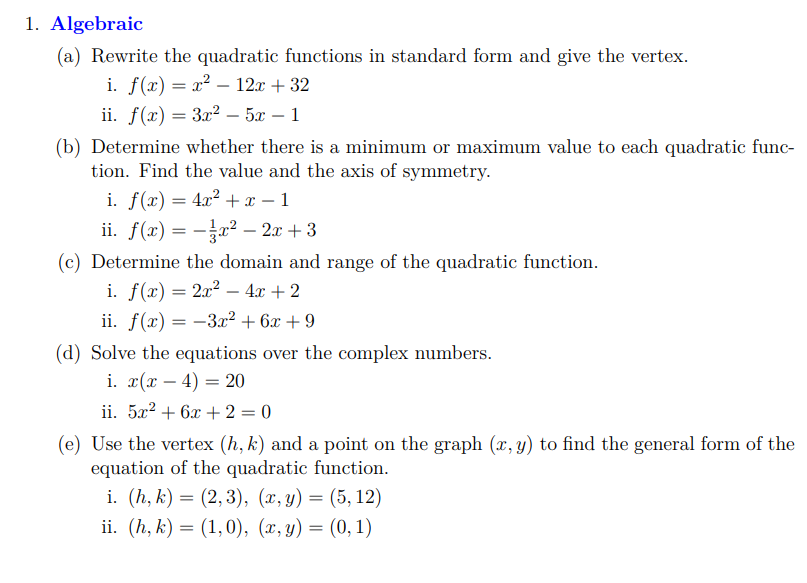 Algebraic(a) ﻿Rewrite the quadratic functions in | Chegg.com
