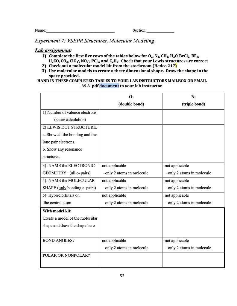 Solved Name: Section: Experiment 7: VSEPR Structures, | Chegg.com