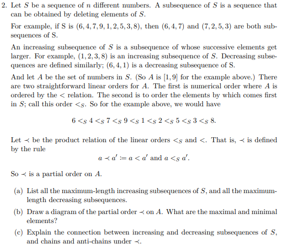 Solved 2. Let S be a sequence of n different numbers. A | Chegg.com