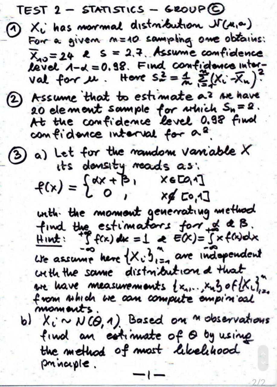 Solved TEST 2 STATISTICS GROUP Ⓒ - 1 Xi has normal | Chegg.com