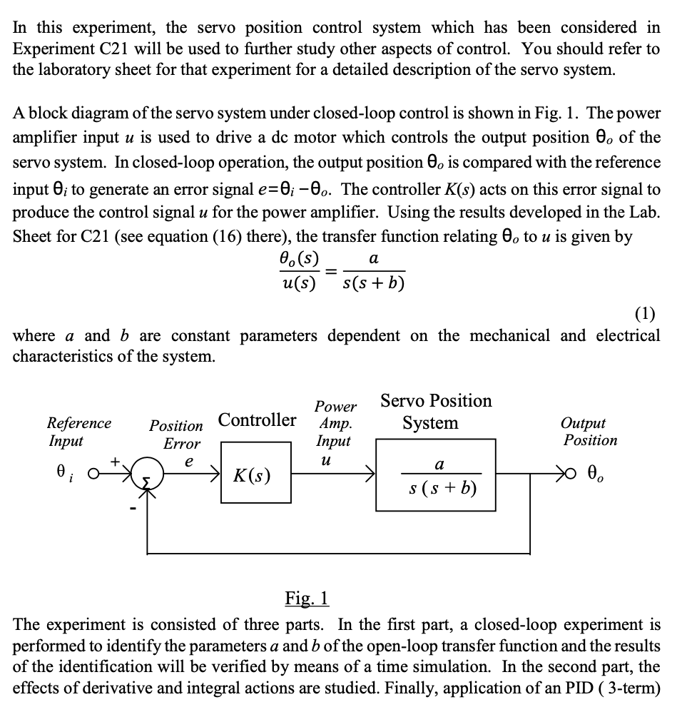 Solved In this experiment, the servo position control system | Chegg.com