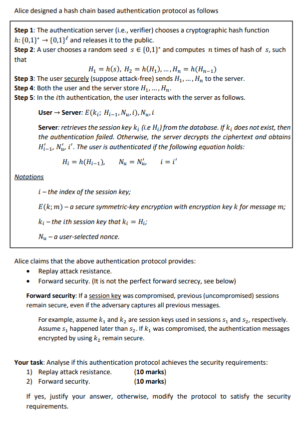Alice designed a hash chain based authentication | Chegg.com