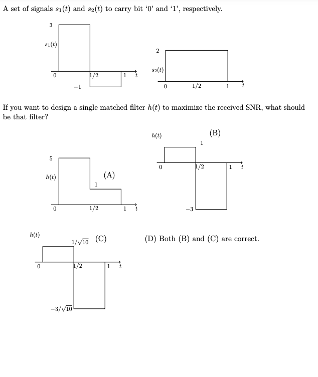 Solved A set of signals s1(t) ﻿and s2(t) ﻿to carry bit ' 0 ' | Chegg.com