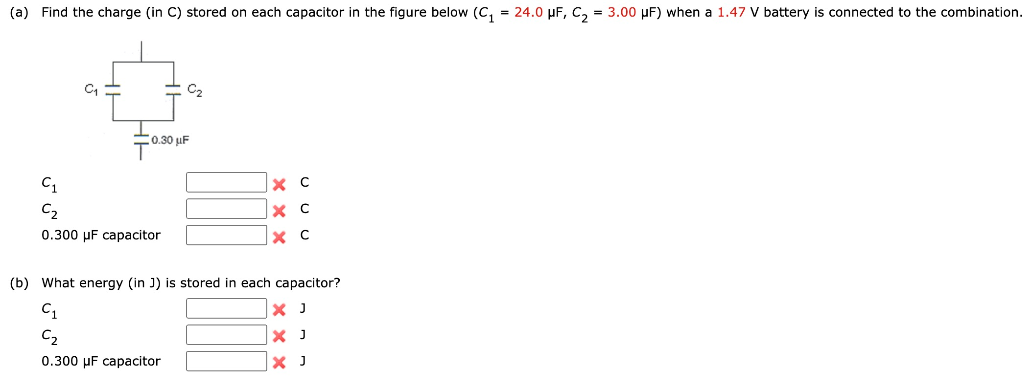 Solved (a) Find the charge (in C) stored on each capacitor | Chegg.com