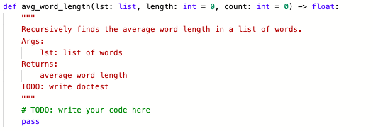 Solved Implement a recursive avg_word_length(lst: list, | Chegg.com
