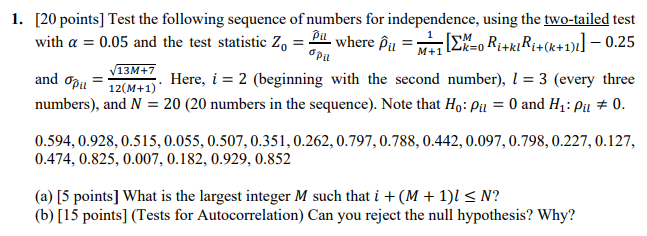 1. [20 points] Test the following sequence of numbers | Chegg.com