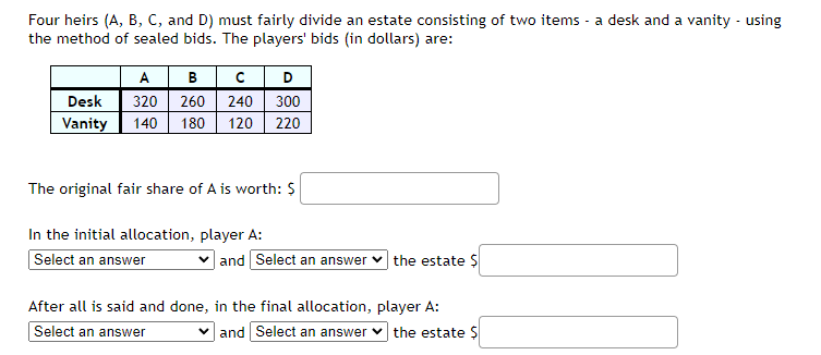 Solved Four heirs (A, B, C, and D) must fairly divide an | Chegg.com