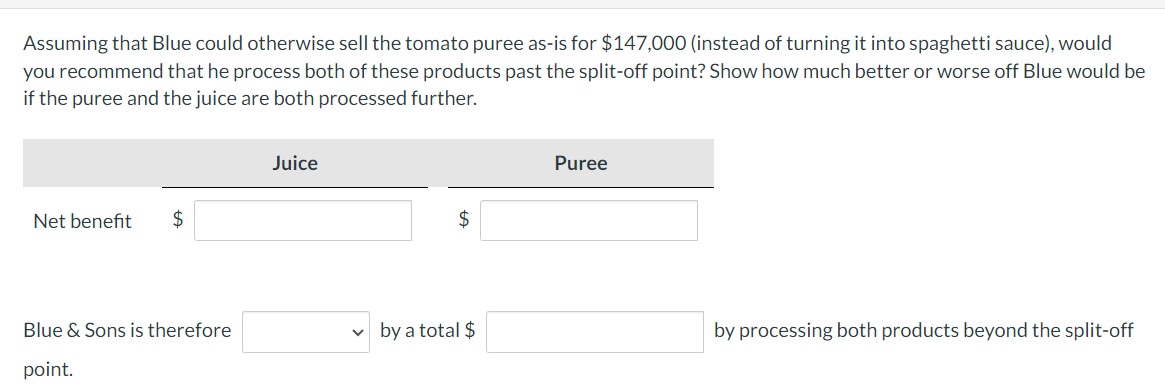 Solved Blue \& Sons produces tomato juice and tomato puree | Chegg.com