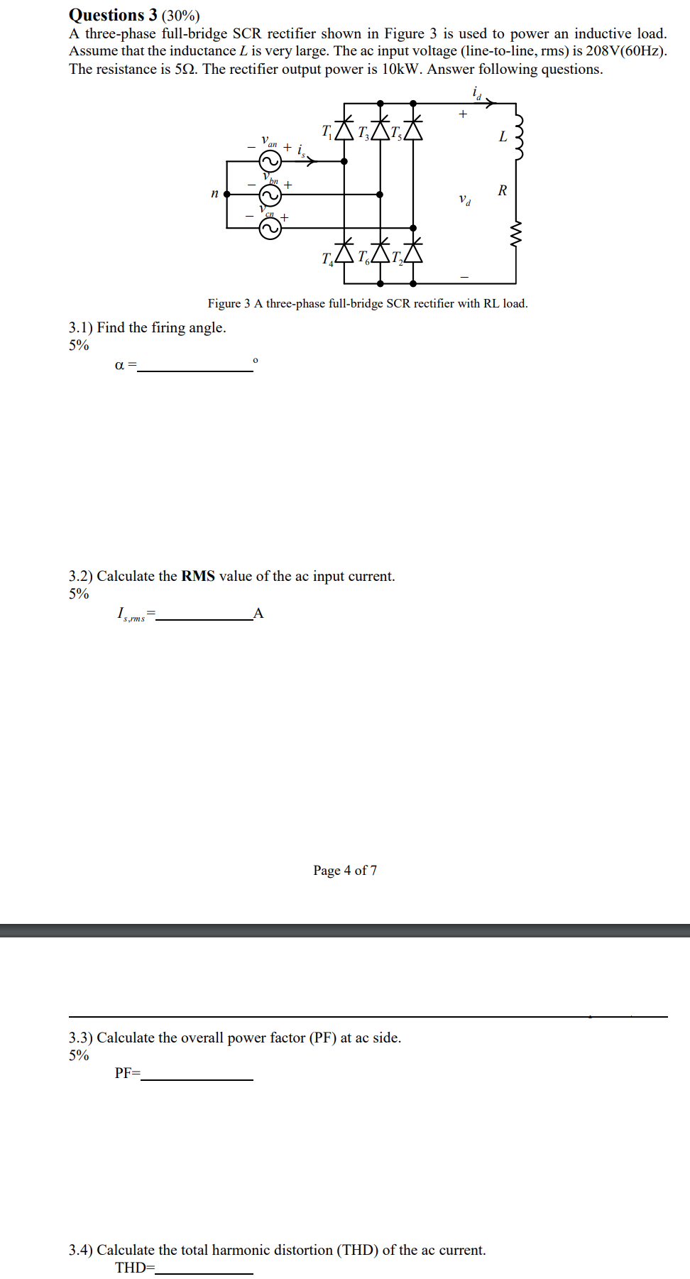 Solved Questions 3 (30%)A three-phase full-bridge SCR | Chegg.com