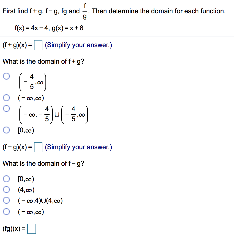 Solved f First find f g, f-g, fg and. Then determine the | Chegg.com