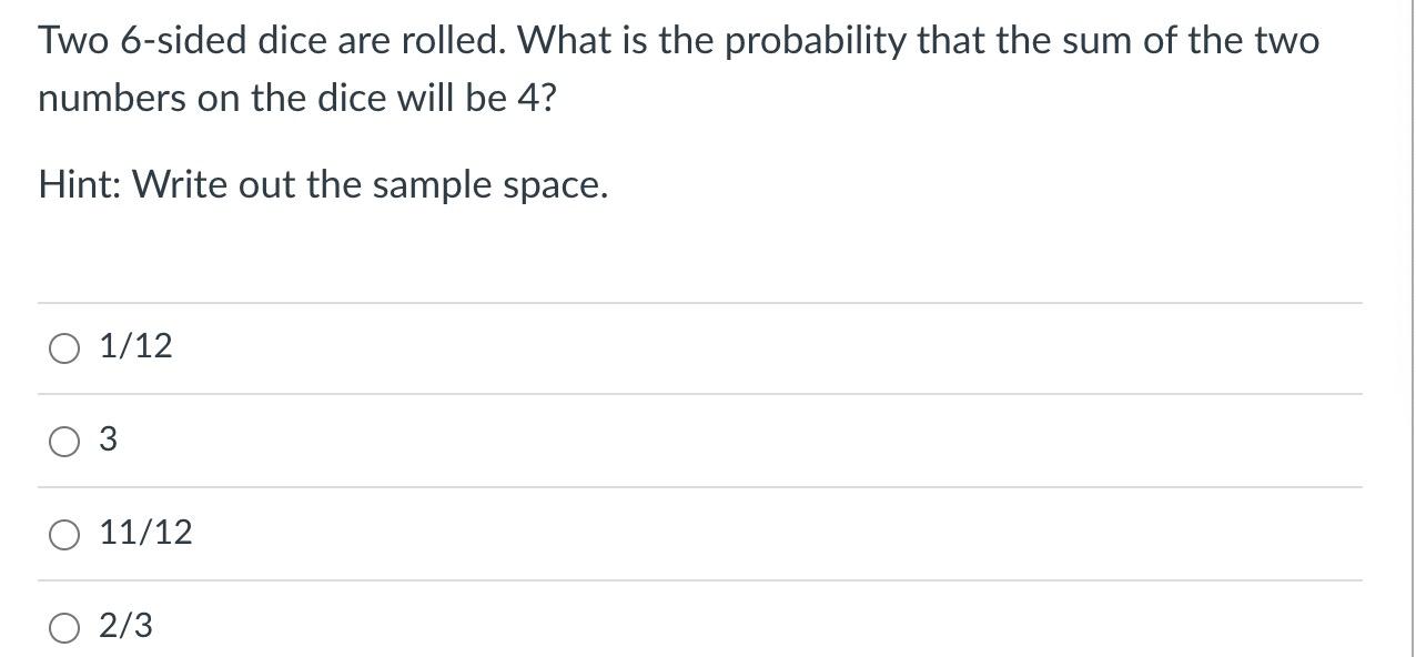 Solved Two 6-sided dice are rolled. What is the probability | Chegg.com