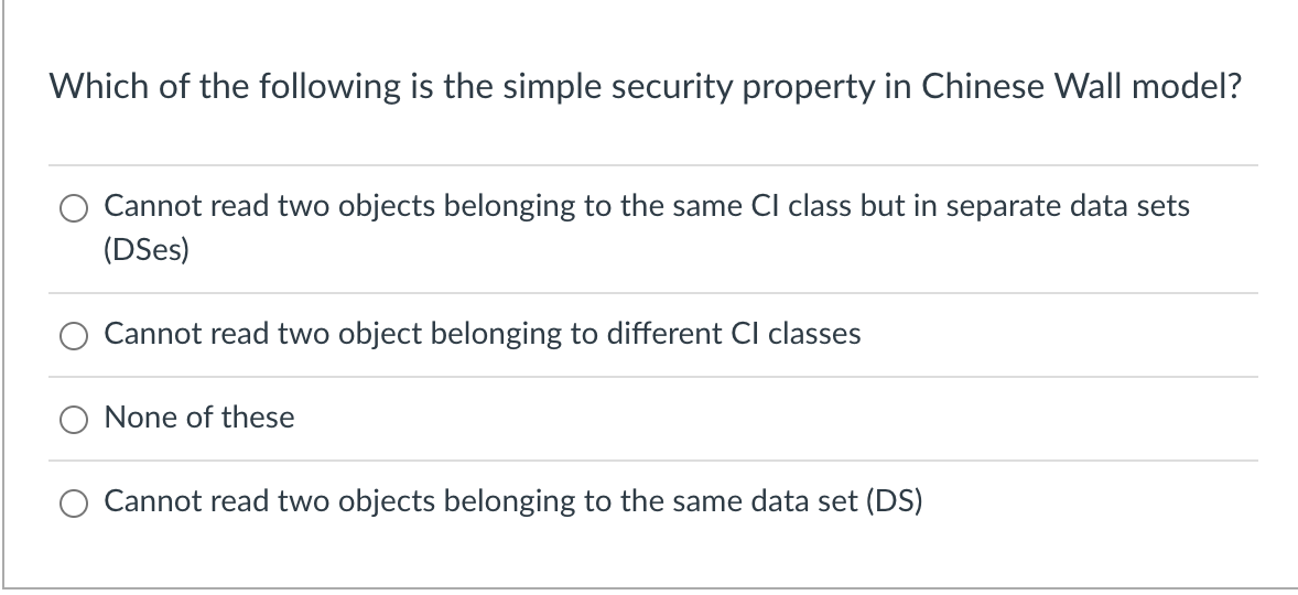 Solved Which of the following is true about Chinese Wall | Chegg.com