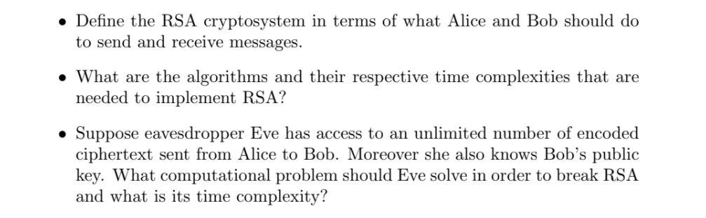 Solved • Define the RSA cryptosystem in terms of what Alice | Chegg.com