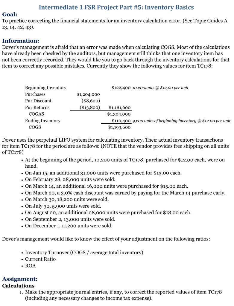 Solved Intermediate 1 FSR Project Part #5: Inventory Basics | Chegg.com