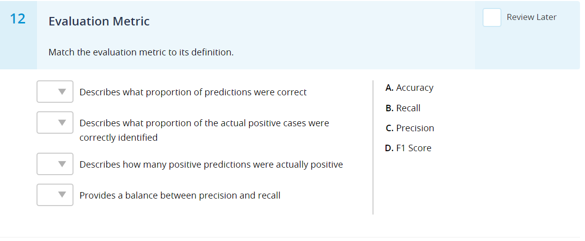 Solved 12 Evaluation Metric Match the evaluation metric to | Chegg.com